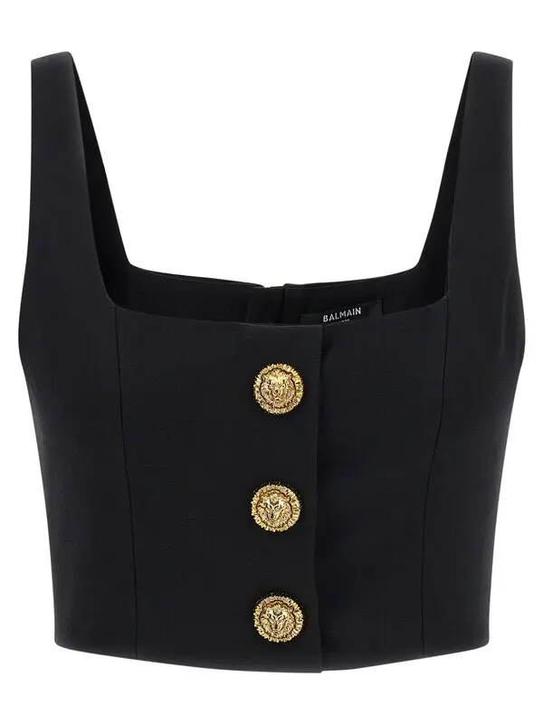 Balmain Cropped Wool Top With 'leone Doppia Catena' Buttons - Black