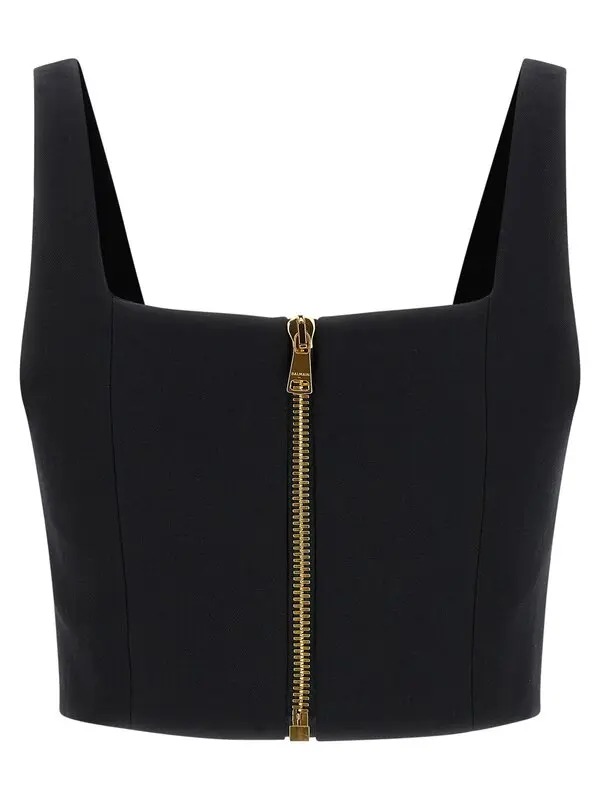 Balmain Cropped Wool Top With 'leone Doppia Catena' Buttons - Black
