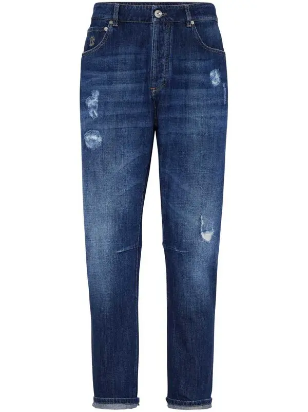 Brunello Cucinelli Distressed Straight Leg Jeans - Blue