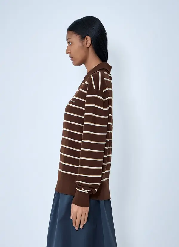 Miu Miu Striped Fine Knit V-neck Polo Sweater - Brown