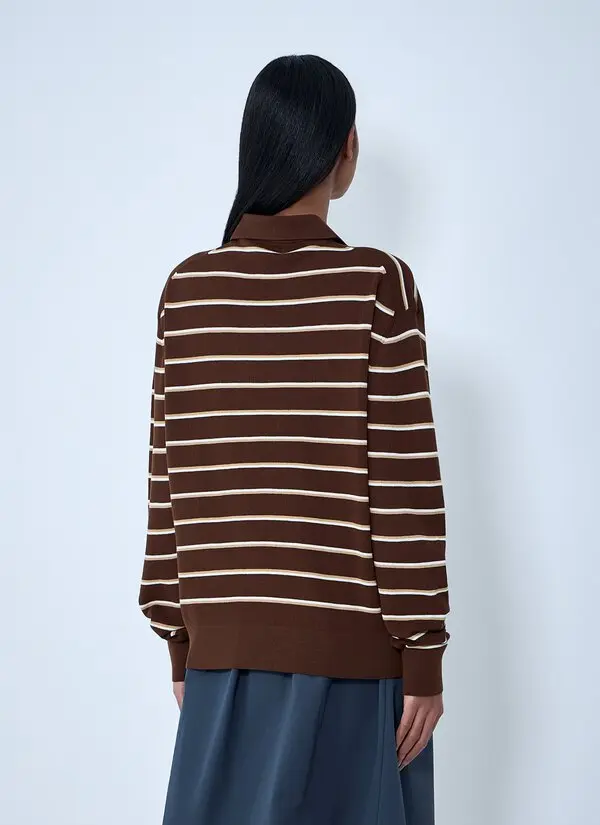 Miu Miu Striped Fine Knit V-neck Polo Sweater - Brown