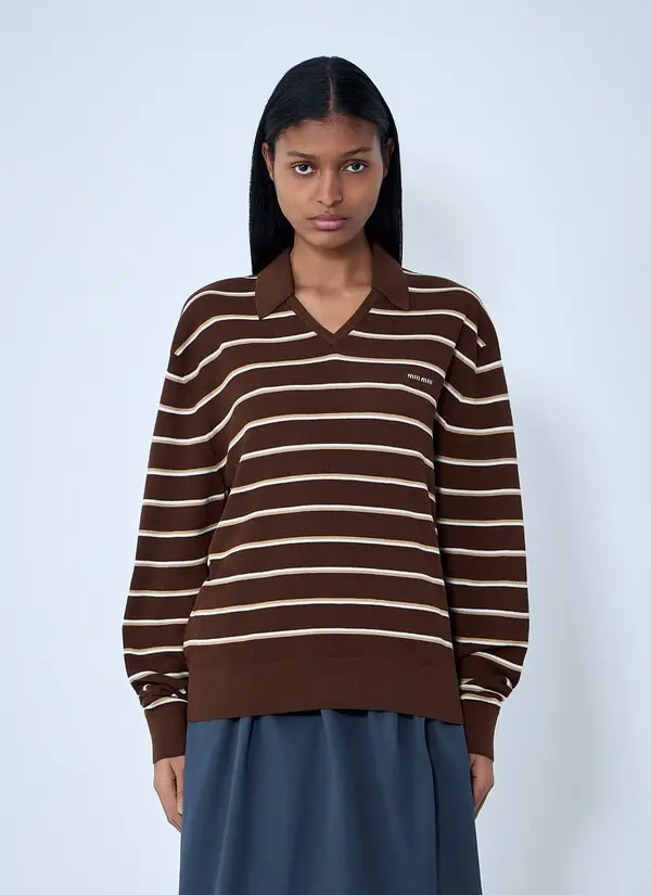 Miu Miu Striped Fine Knit V-neck Polo Sweater - Brown