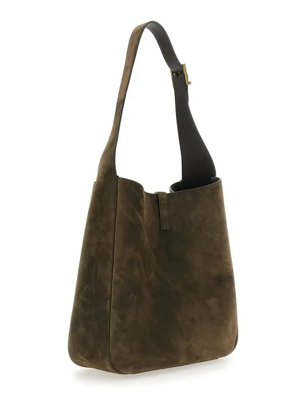 Saint Laurent Le 5 A 7 Suede Shoulder Bag With Triomphe Plaque - Green