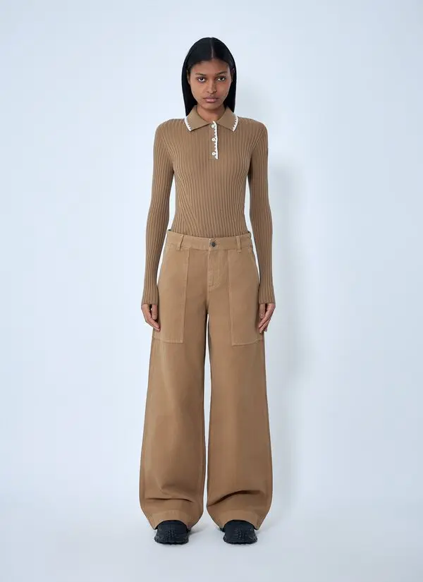 Moncler Ribbed Knit Collared Long Sleeve Top - Brown