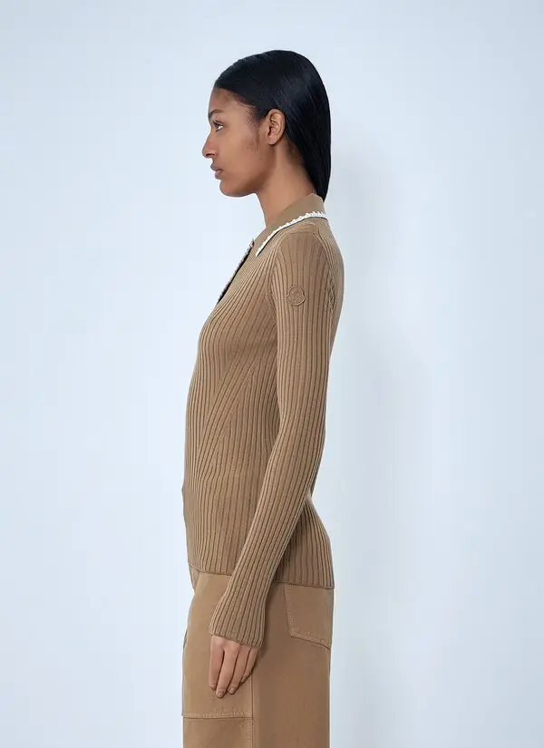 Moncler Ribbed Knit Collared Long Sleeve Top - Brown