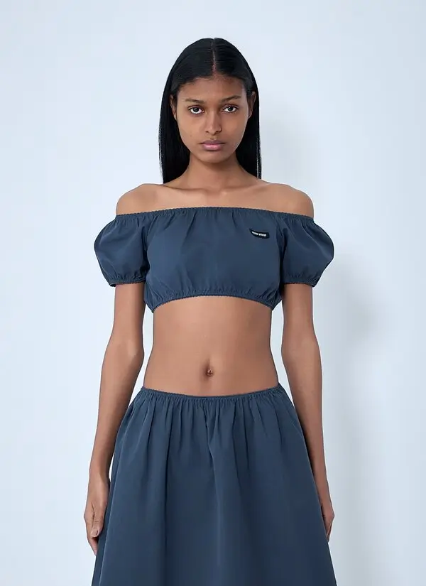 Miu Miu Off-shoulder Gathered Puff Sleeve Cropped Top - Gray