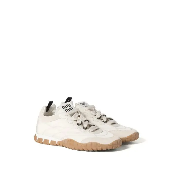 Miu Miu Suede And Fabric Lace-up Sneakers - Cream