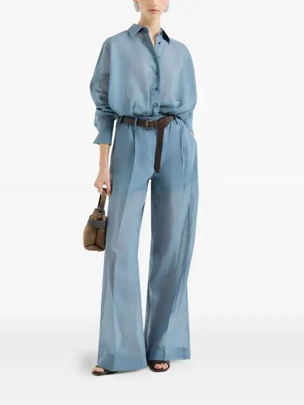 Brunello Cucinelli Wide Leg Cotton Organza Trousers With Monili Embroidery - Blue