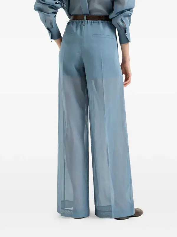 Brunello Cucinelli Wide Leg Cotton Organza Trousers With Monili Embroidery - Blue