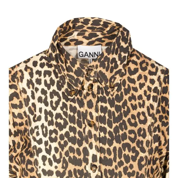 GANNI Leopard Print Long Sleeve Shirt Dress - Brown