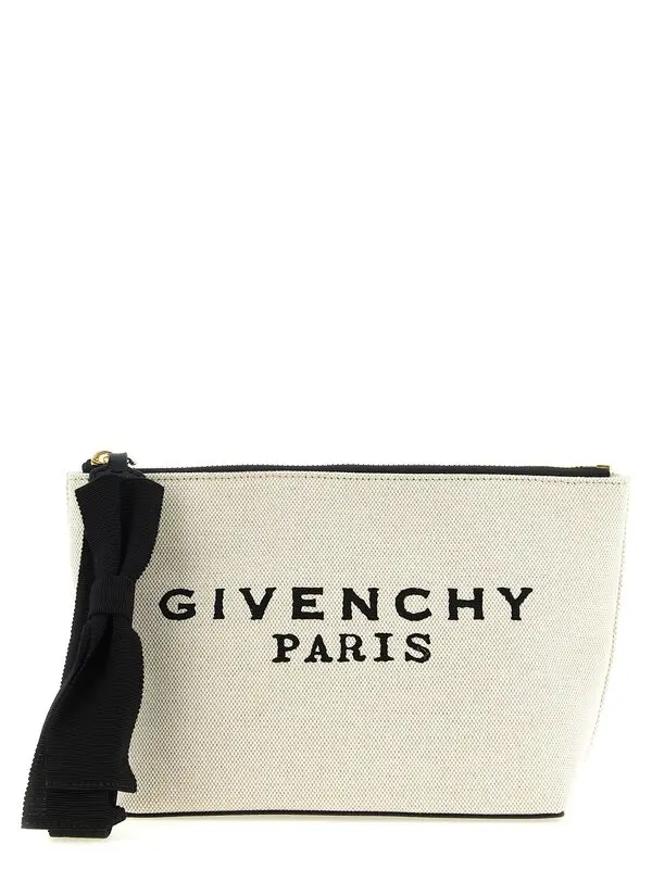 Givenchy Small Canvas Clutch With Bow Detail And Logo Print - Cream