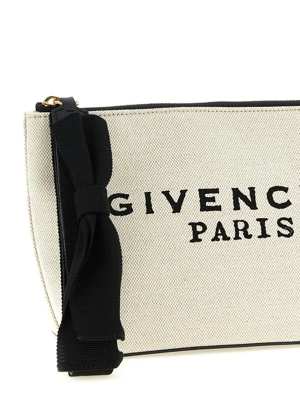Givenchy Small Canvas Clutch With Bow Detail And Logo Print - Cream