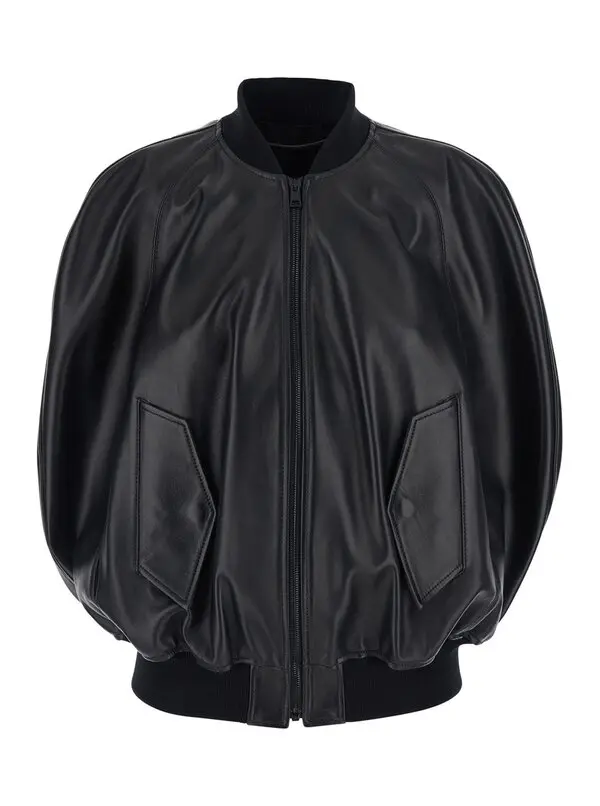 Balenciaga Leather Bomber Jacket With High Collar - Multicolor