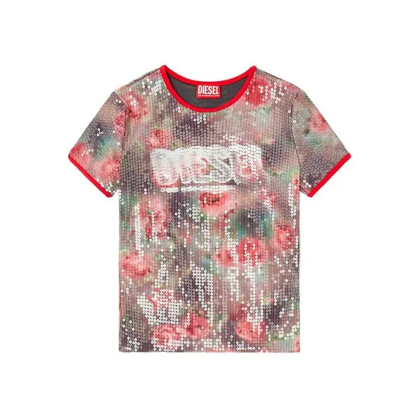 DIESEL® Sequined Floral Print Crewneck T-shirt - Brown