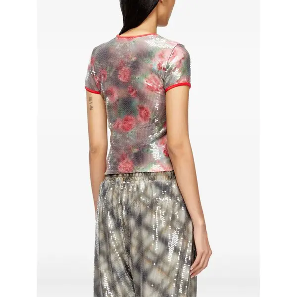 DIESEL® Sequined Floral Print Crewneck T-shirt - Brown