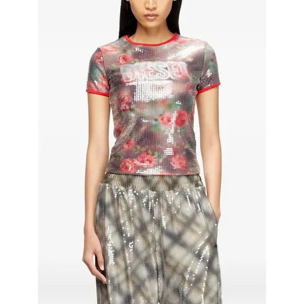 DIESEL® Sequined Floral Print Crewneck T-shirt - Brown