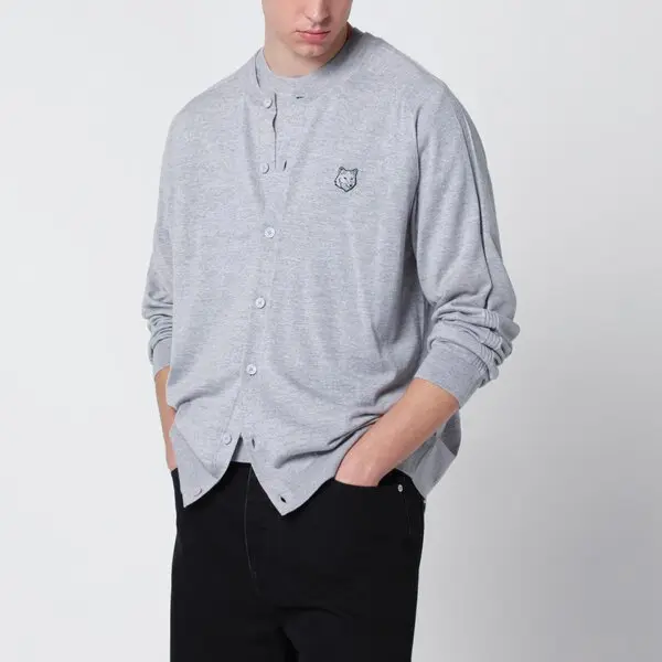 Maison Kitsuné Grey Melange Wool Cardigan With Fox Head Logo