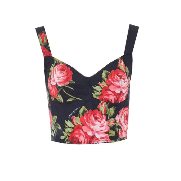Dolce & Gabbana Rose Bouquet Print Bustier Top - Black