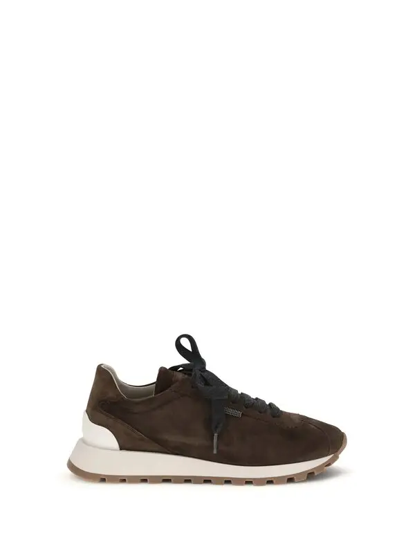 Brunello Cucinelli Suede Runner Sneakers With Monile Detail - Brown