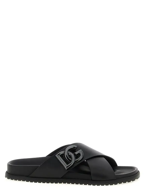 Dolce & Gabbana Calf Leather Slides With Dg Logo - Black
