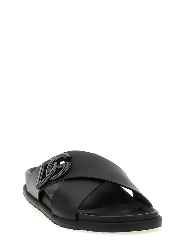 Dolce & Gabbana Calf Leather Slides With Dg Logo - Black