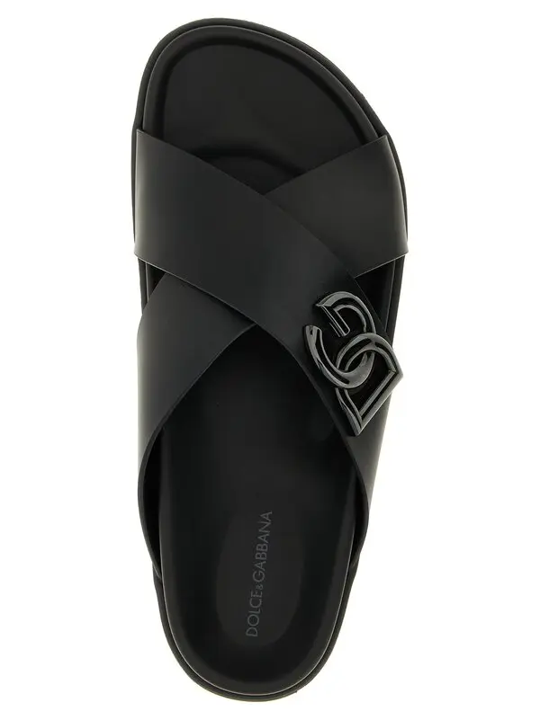 Dolce & Gabbana Calf Leather Slides With Dg Logo - Black