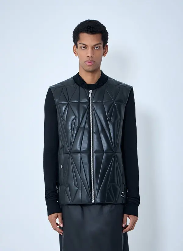 Moncler Geocamo Flight Leather Hooded Gilet - Black