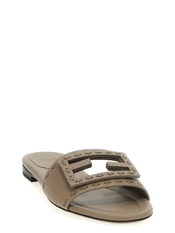 Fendi Baguette Leather Slides With Ff Logo - Gray