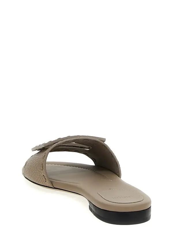 Fendi Baguette Leather Slides With Ff Logo - Gray