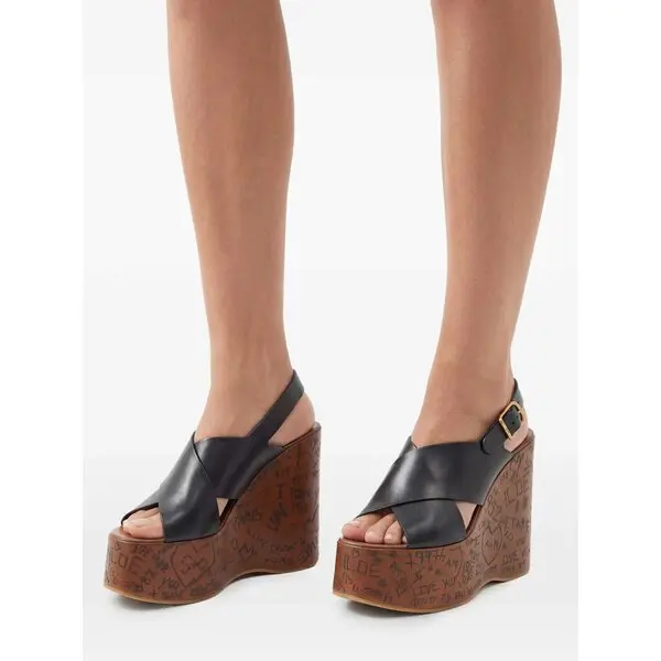 Chloé Calf Leather Wedge Sandals - Black