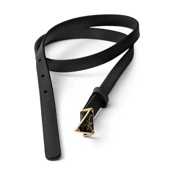 Prada Saffiano Leather Belt With Enamel Triangle Logo Buckle - Black