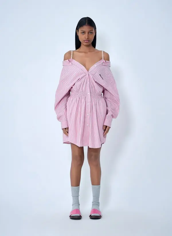 Miu Miu Striped Poplin Off-shoulder Shirtdress - Pink