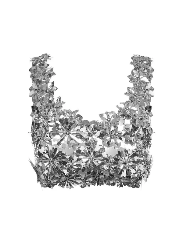 Rabanne Silver Plastic Discs Bralette Top With Floral Details - Multicolor