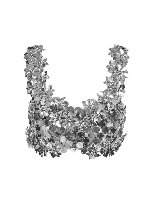 Rabanne Silver Plastic Discs Bralette Top With Floral Details