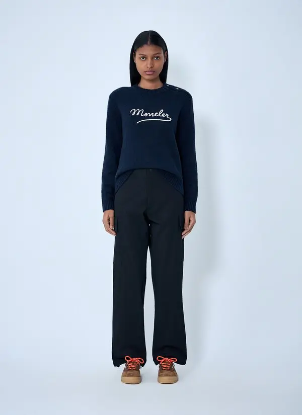 Moncler Embroidered Logo Wool Blend Sweater - Black