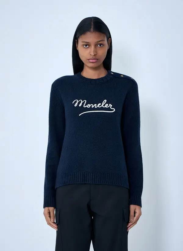 Moncler Embroidered Logo Wool Blend Sweater - Black
