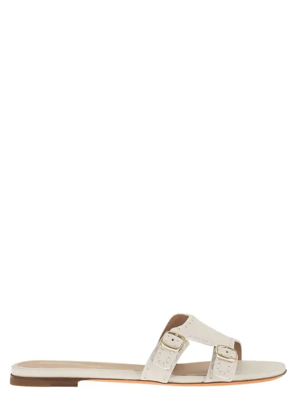 Santoni Leather Flat Sandals With Double Buckle Straps