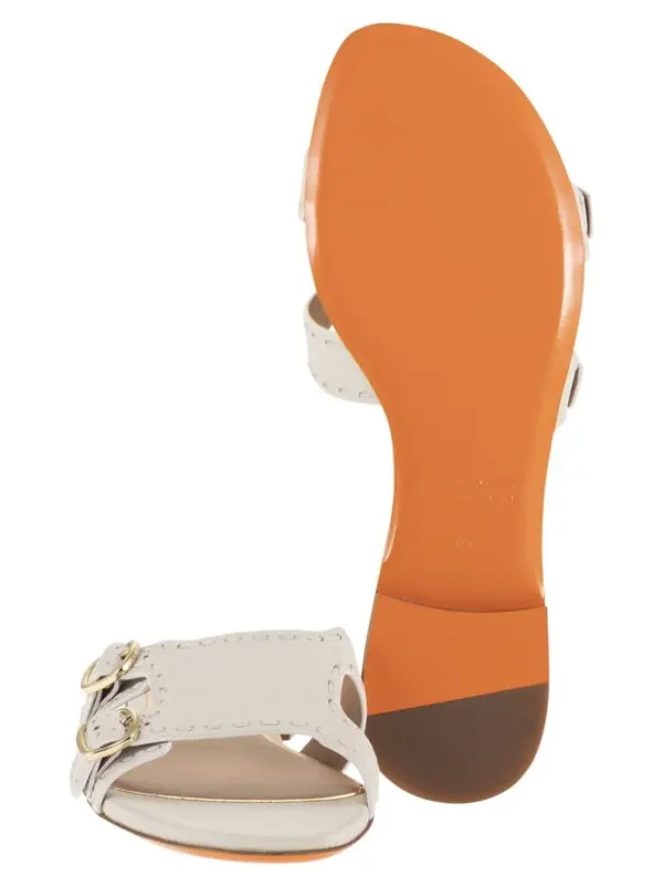 Santoni Leather Flat Sandals With Double Buckle Straps