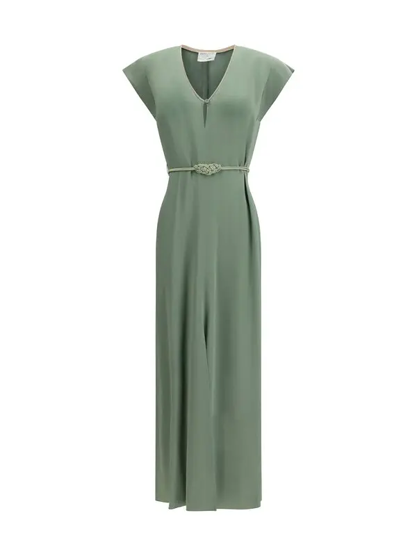 FORTE_FORTE Long Kaftan Dress With V-neck And Belt - Green