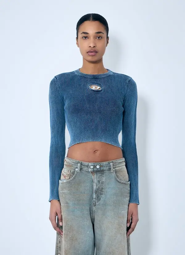 DIESEL® Ribbed Crewneck Long Sleeve Top With Logo Plaque