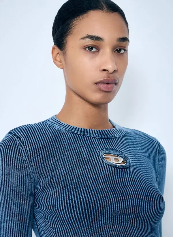 DIESEL® Ribbed Crewneck Long Sleeve Top With Logo Plaque