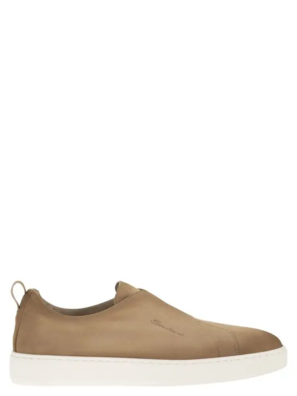 Santoni Suede Leather Slip-on Trainers With Rubber Sole - Cream