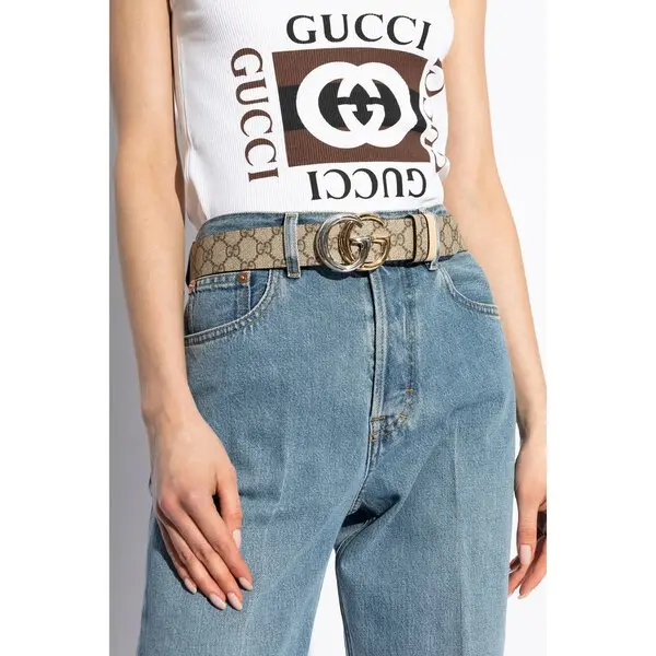 Gucci Leather Maxi Gg Canvas Reversible Belt With Interlocking G Buckle