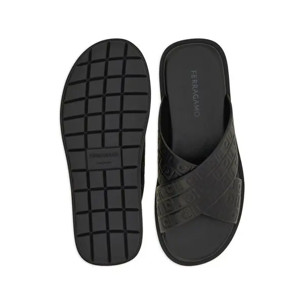 FERRAGAMO Embossed Monogram Leather Crossover Strap Sandals