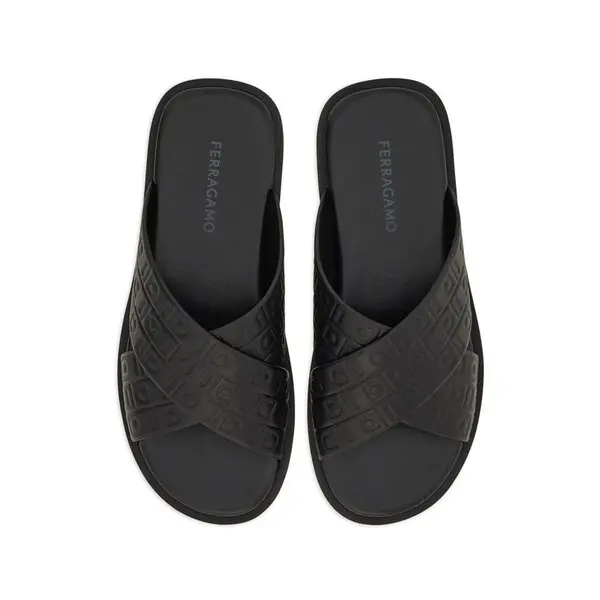 FERRAGAMO Embossed Monogram Leather Crossover Strap Sandals