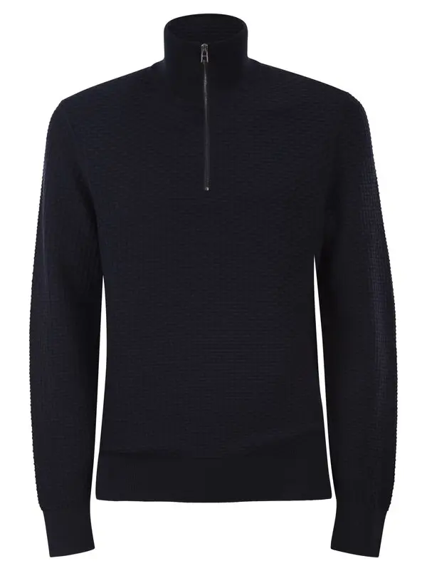 BOSS Textured Cotton High Neck Zip Sweater