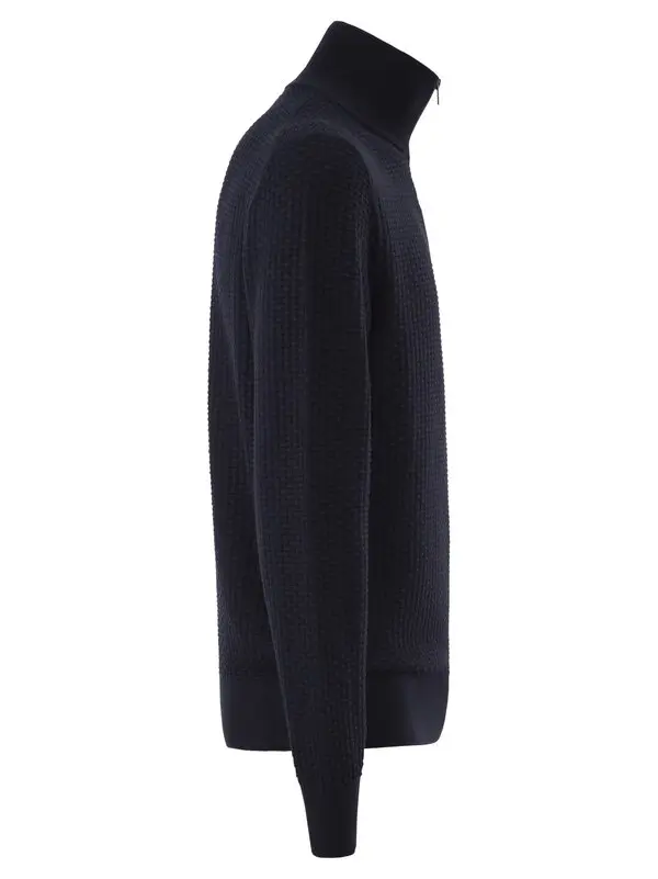 BOSS Textured Cotton High Neck Zip Sweater