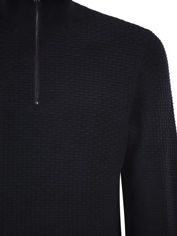 BOSS Textured Cotton High Neck Zip Sweater