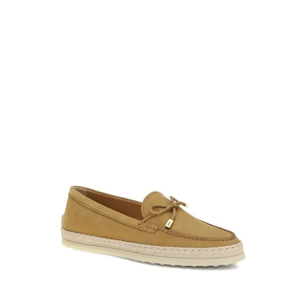 TOD'S Raffia Trim Bow Detail Loafers - Cream