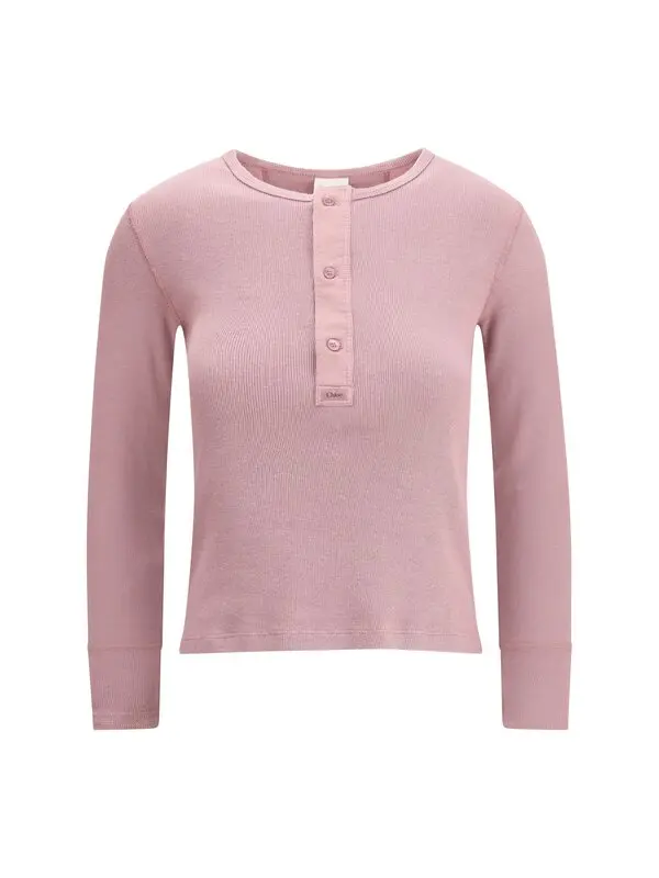 Chloé Ribbed Organic Cotton Henley Shirt - Pink
